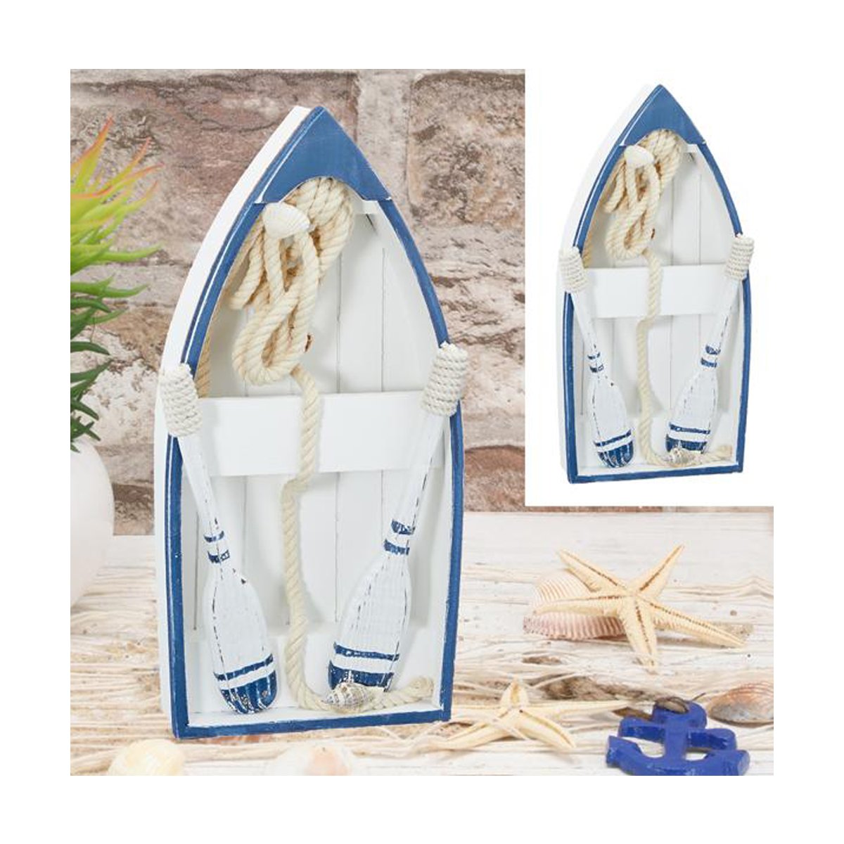Deko Ruder Boot Maritim 19x35 cm blau weiss mit 2 Rudern, Tau und Mus ...
