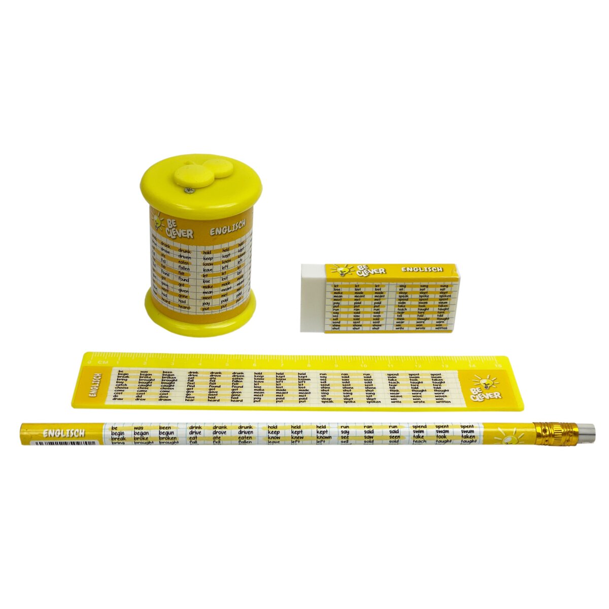 Schreibset Gelb Spickzettel ENGLISCH mit Doppel Spitzer, Bleistift, R ...