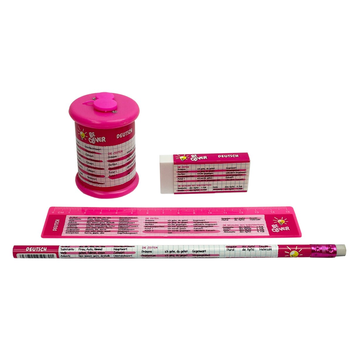 Schreibset Pink Spickzettel DEUTSCH mit Doppel Spitzer, Bleistift, Ra ...