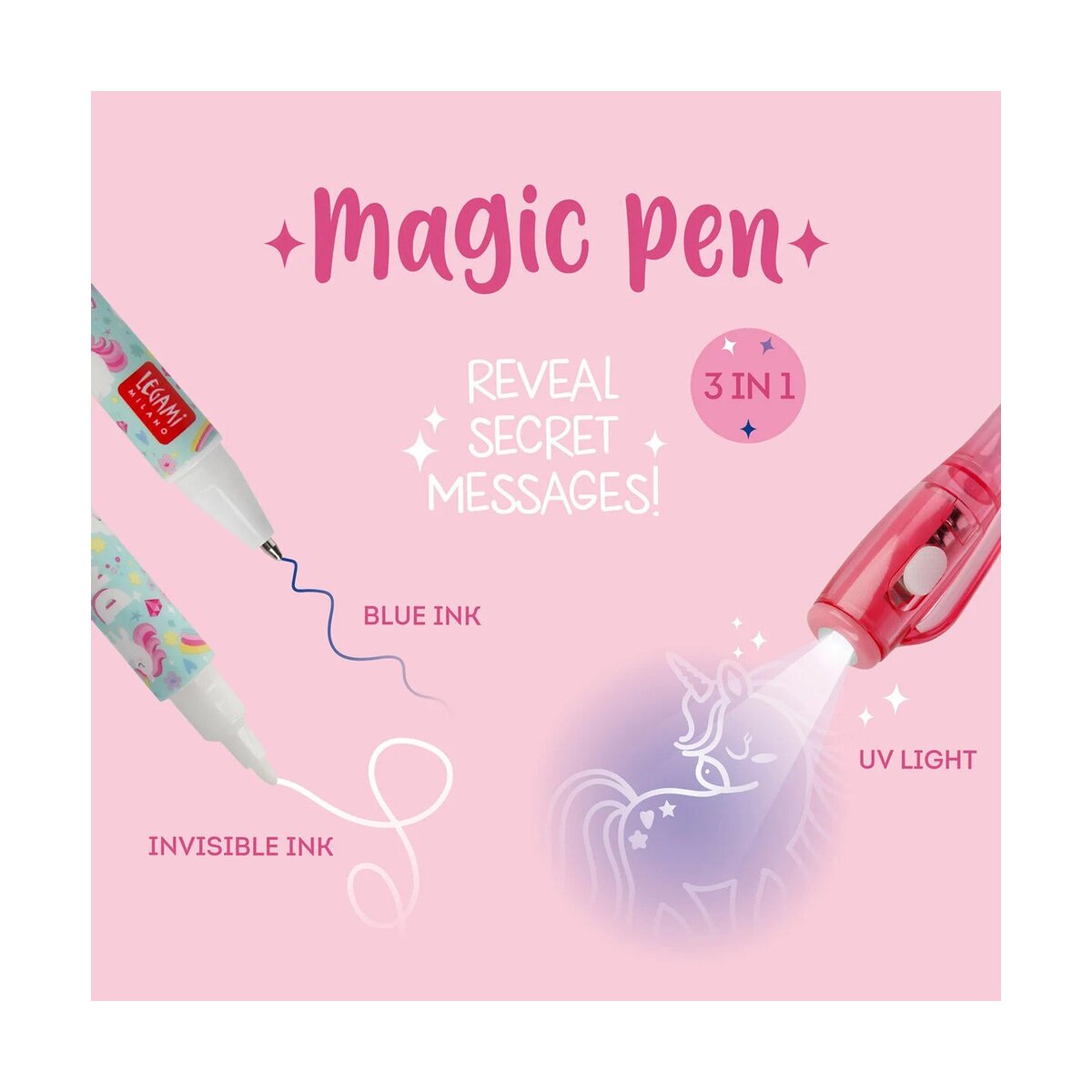 Legami Stift mit unsichtbarer Tinte Magic Pen EINHORN inkl. UV-Licht ...
