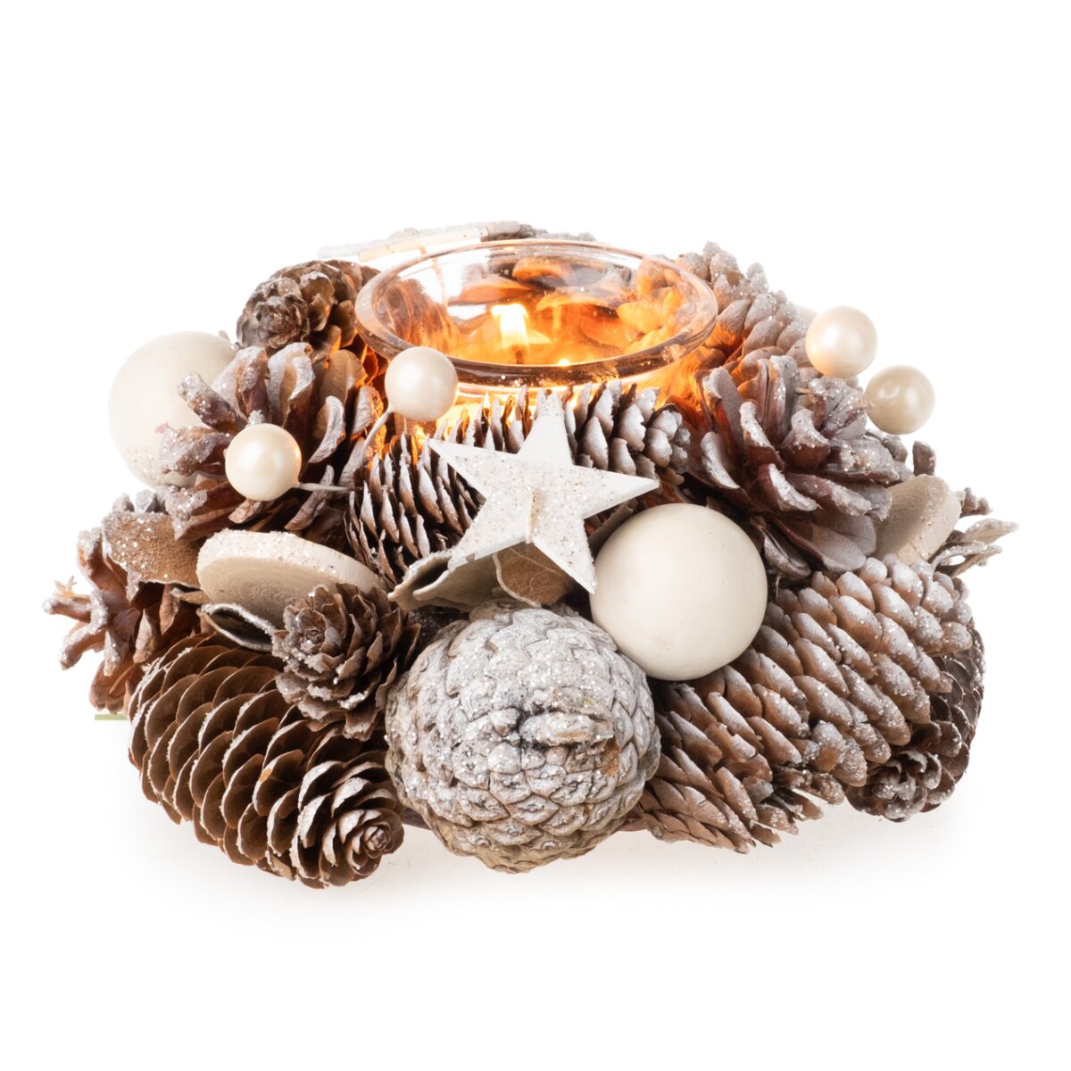 Adventsgesteck mit Zapfen, Stern, Kugel und Teelichtglas D:18 cm - Ad ...
